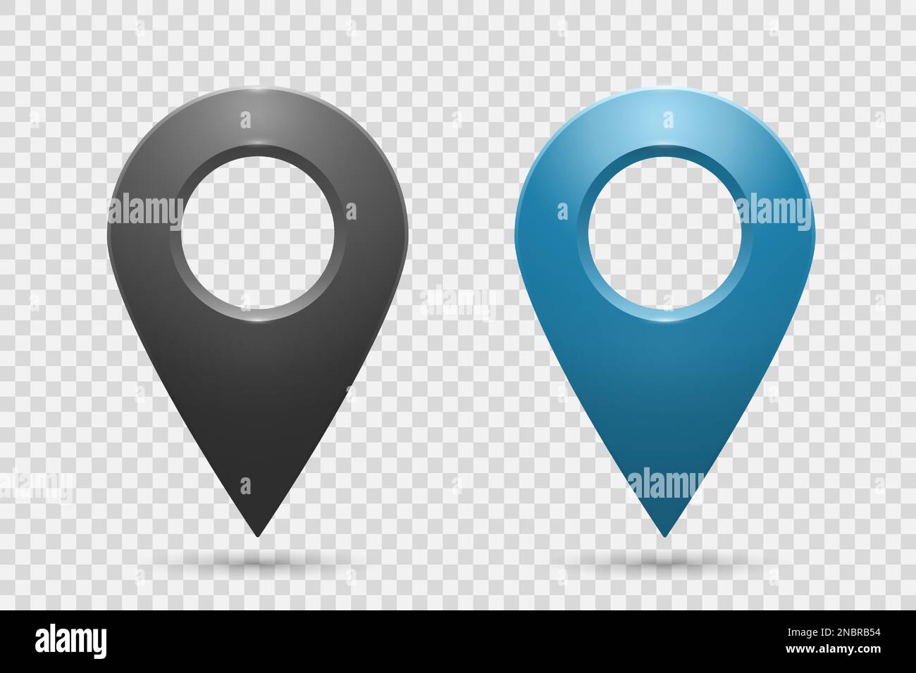 Realistic geolocation icons in blue and black on a transparent ...