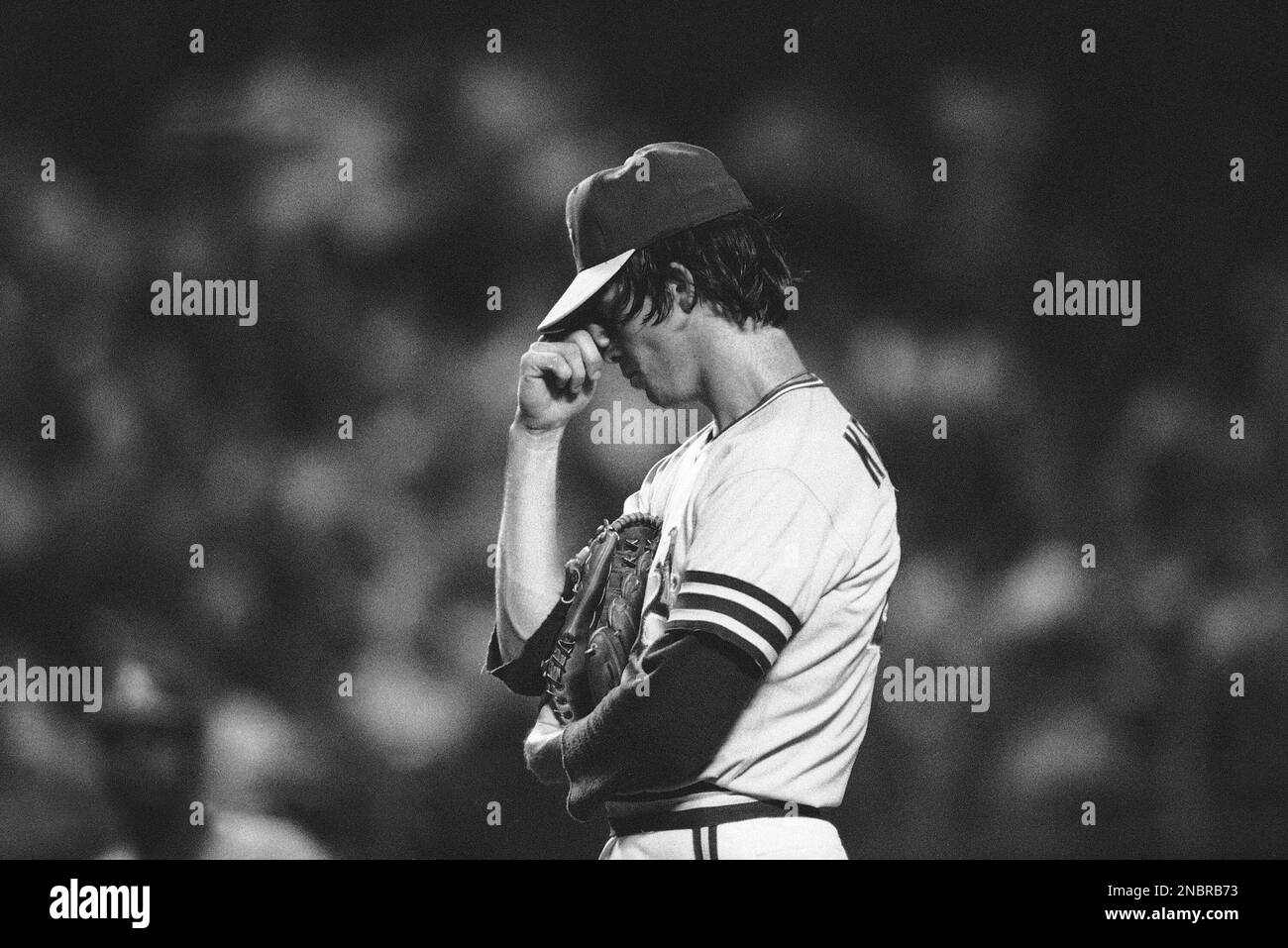Oakland A's pitcher Matt Keough stands on the mound after throwing two ...