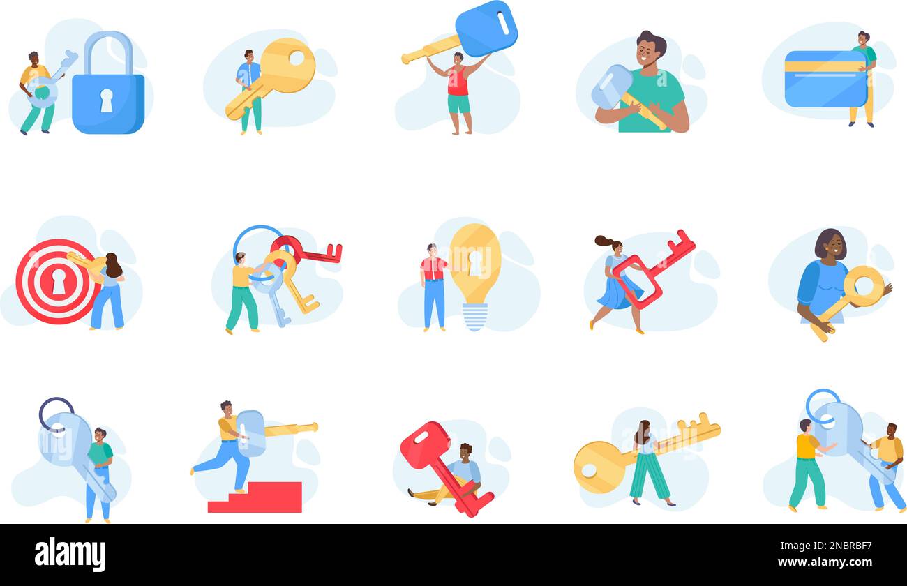 People holding keys to success reaching target protecting personal data ...