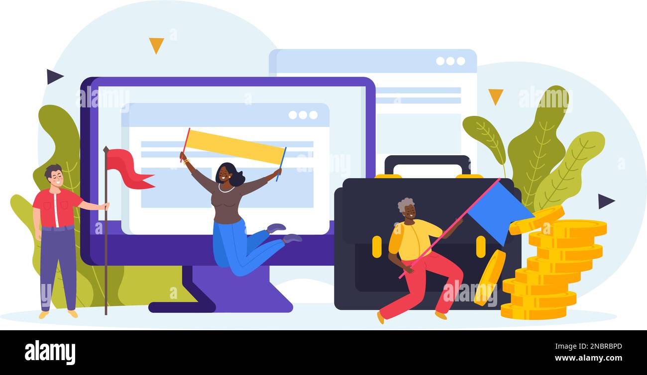 Business success teamwork flat composition with computer monitor coins ...