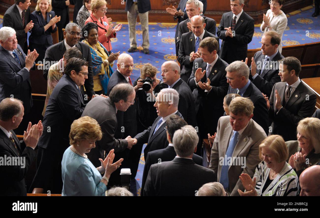 Israel's Prime Minister Benjamin Netanyahu shakes hands with Rep. Eliot ...