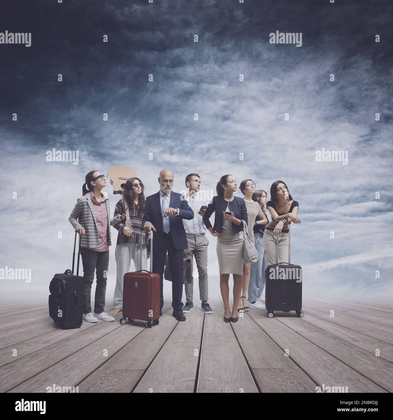 Group of travelers waiting with luggage on a wooden deck surrounded by ...