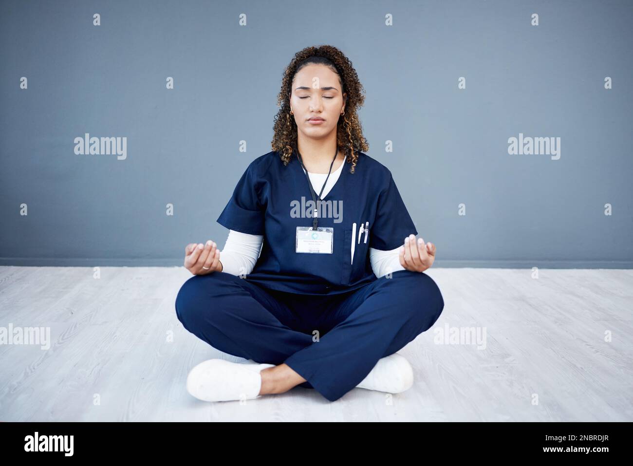 Nurse, calm or sitting meditation on hospital mockup, clinic mock up or ...