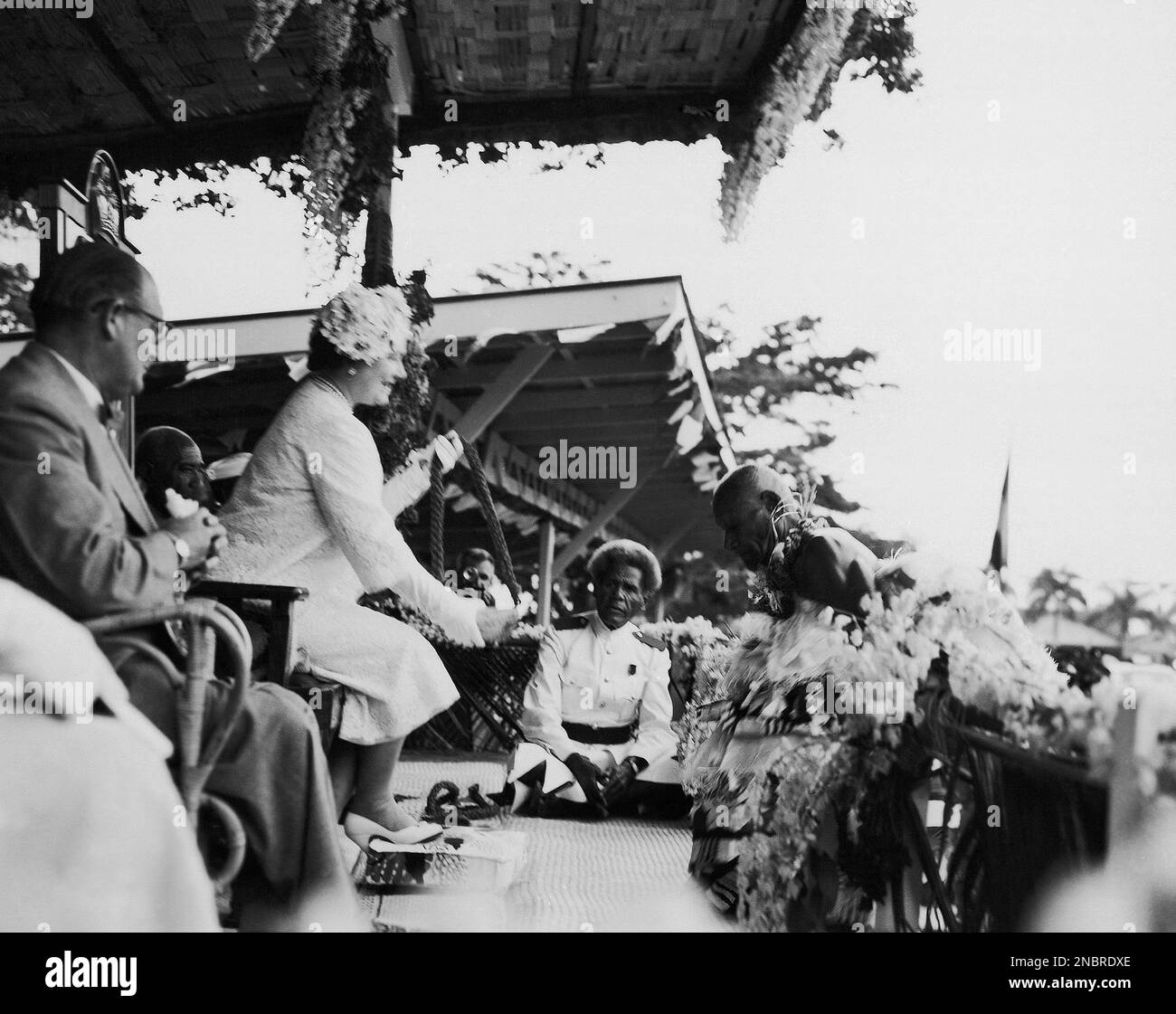 The Queen Mother receiving the Tabua (whale's tooth), Fijian symbol of ...