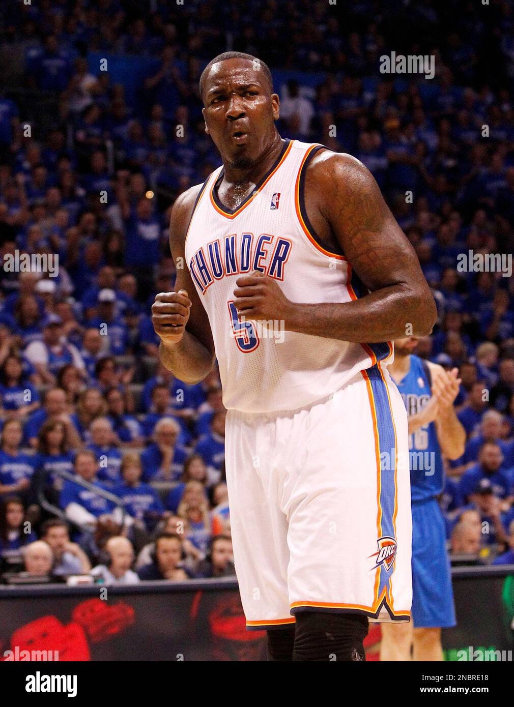 Oklahoma City Thunder's Kendrick Perkins, reacts against the Dallas ...