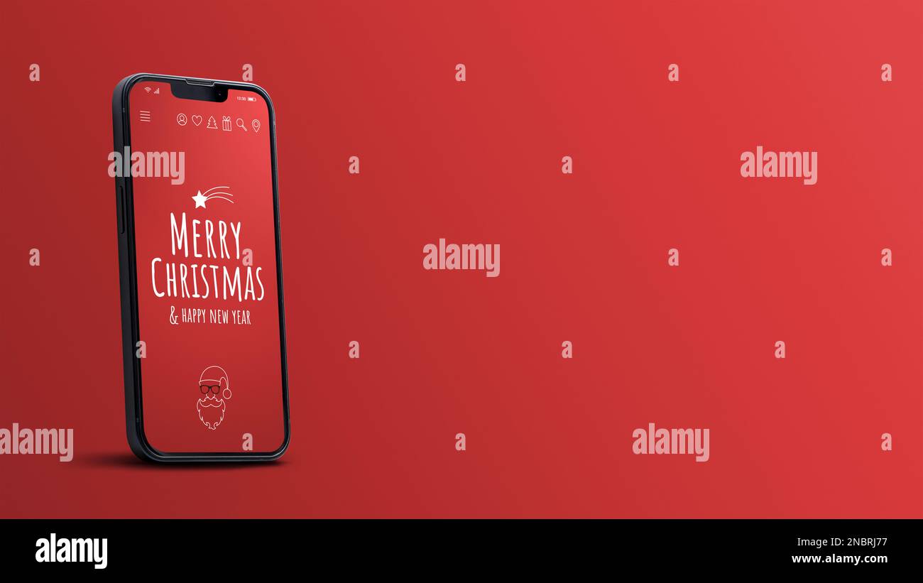 Christmas wishes on smartphone screen and red background with copy ...