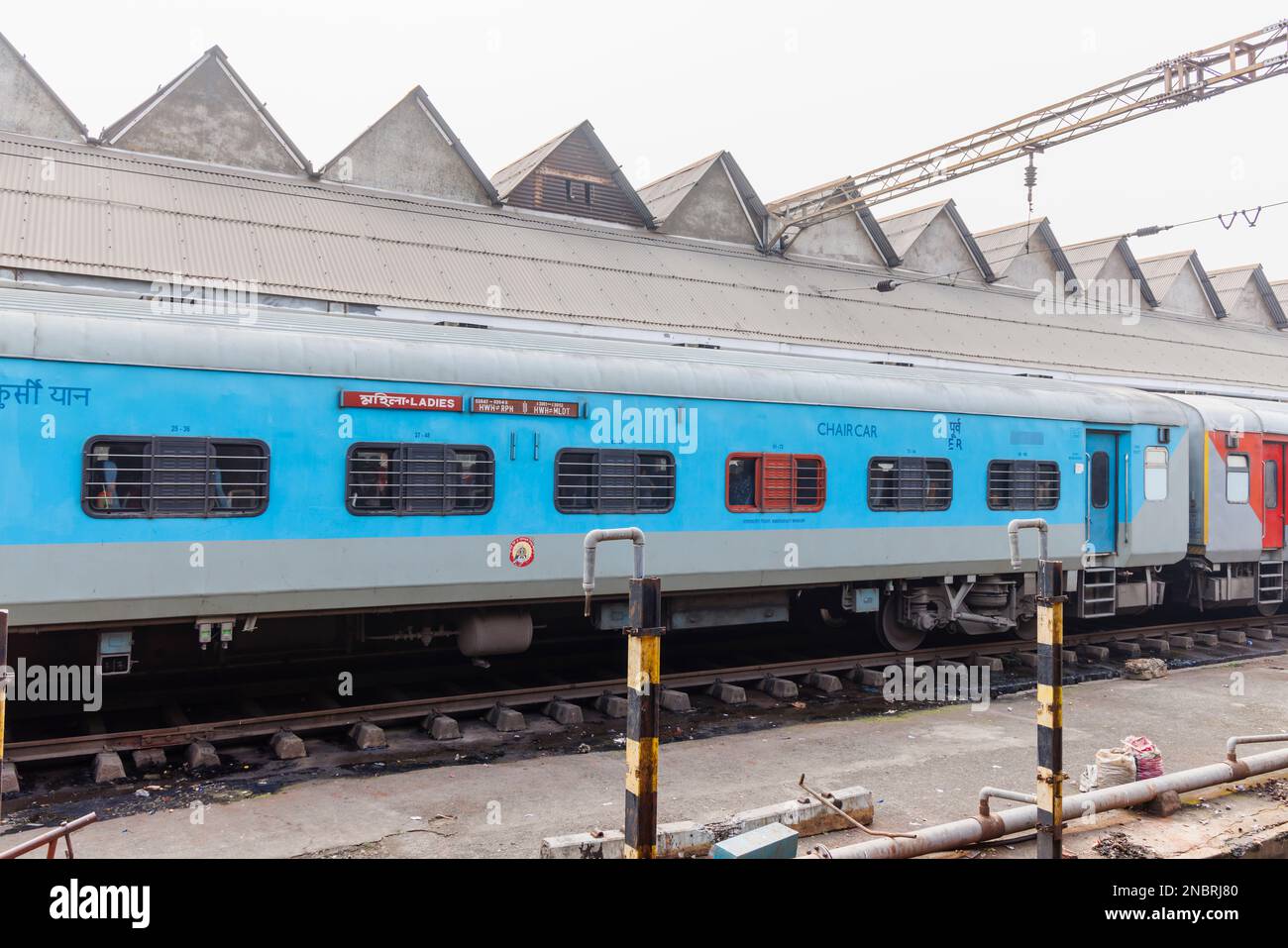 Ladies compartment sign on the exterior of a blue railway carriage car ...