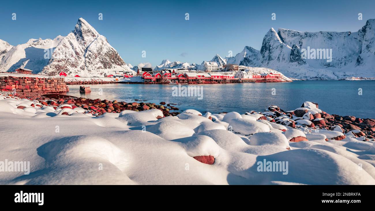Untouched winter landscape. Cold morning scene of Sakrisoy village ...
