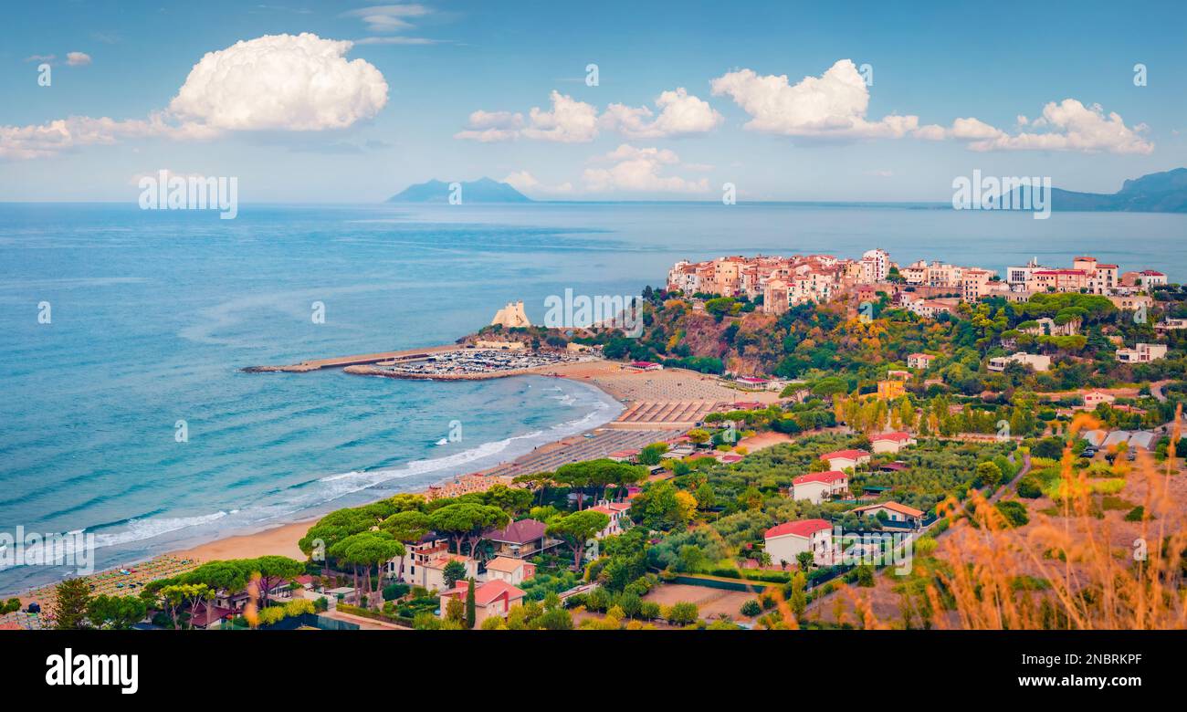 Aerial summer cityscape of Sperlonga town with Truglia Tower. Superb ...