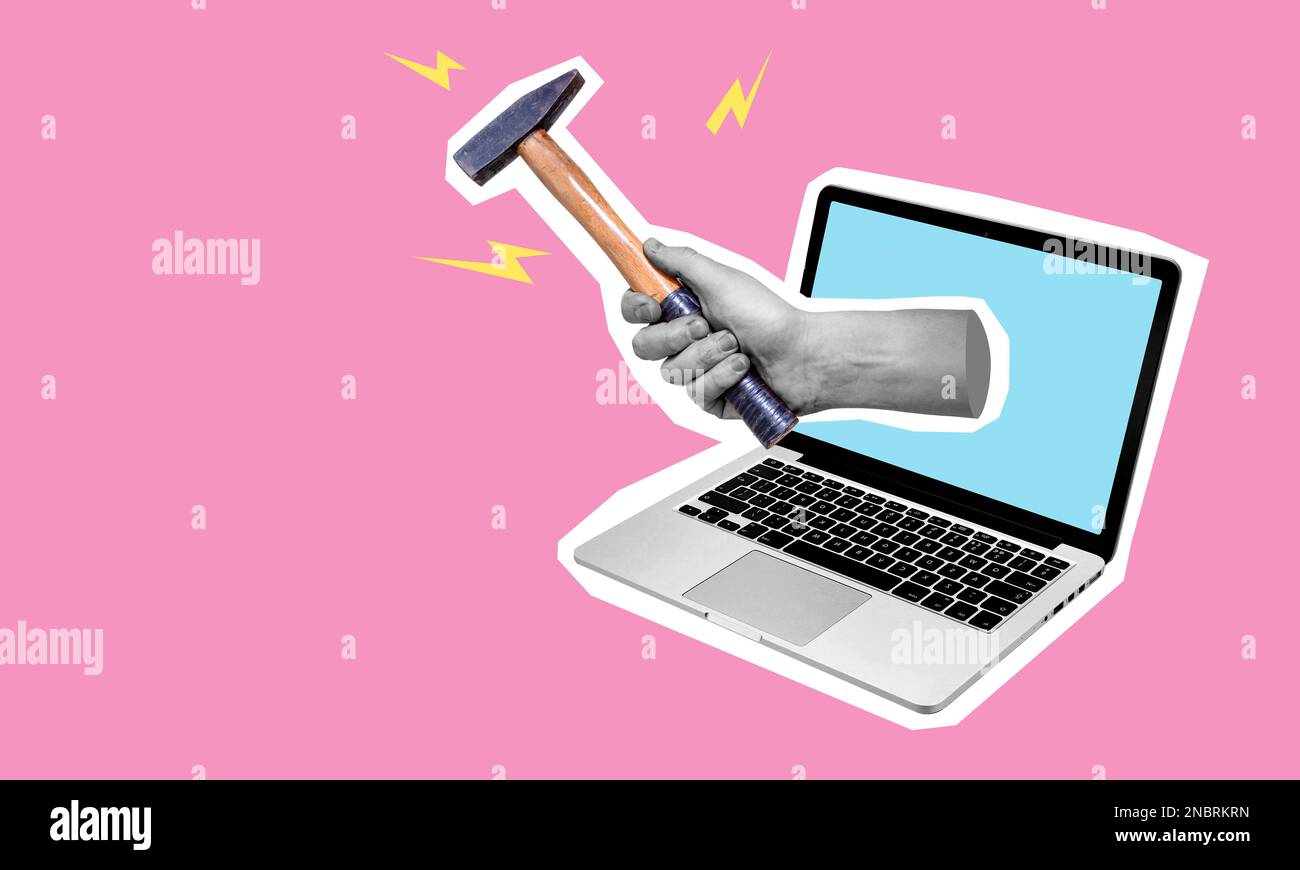 Collage art, hand with hammer protruding from a laptop against a pink ...