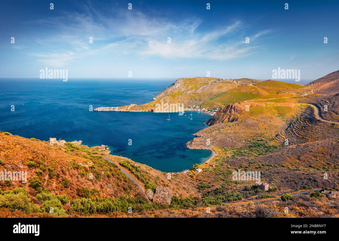 Colorful summer view of Porto Kagio, seaside village in the East Mani ...