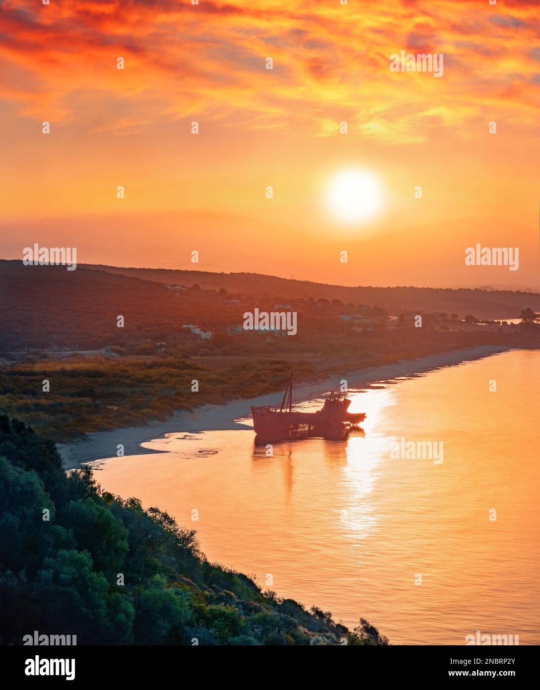 Red sunrise on Valtaki beach with Dimitrios Shipwreck. Colorful morning ...
