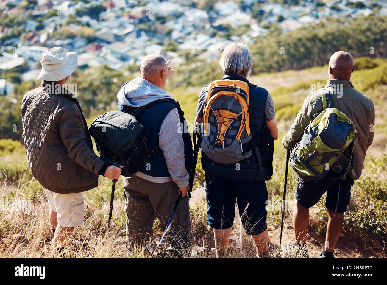 Hiking, city and relax with old men on mountain for fitness, trekking ...