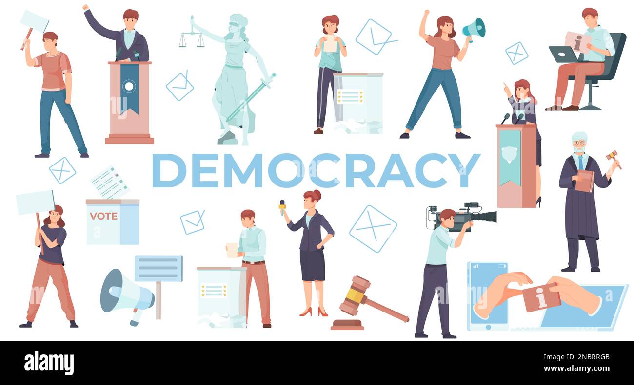 Democracy flat set of people busy in politics protests electioneering ...