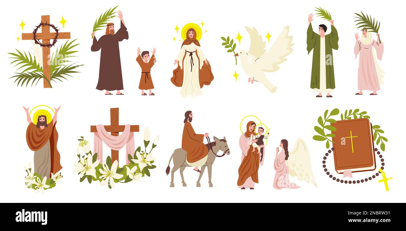 Easter flat icons set with Jesus Christ and Virgin Mary characters ...