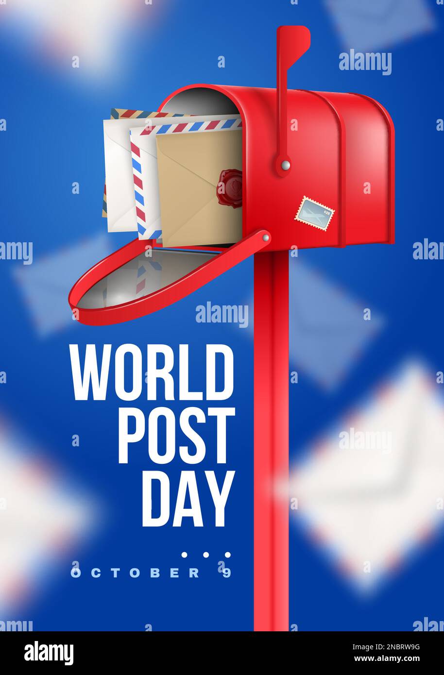 Realistic world post day with big white headline red mailbox and ...