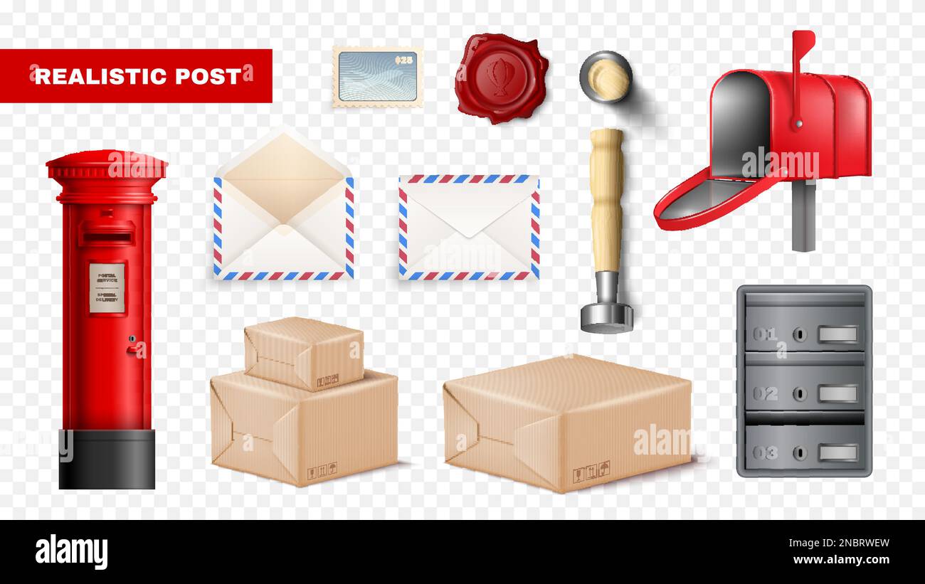 Realistic isolated post transparent icon set with post red box envelops ...