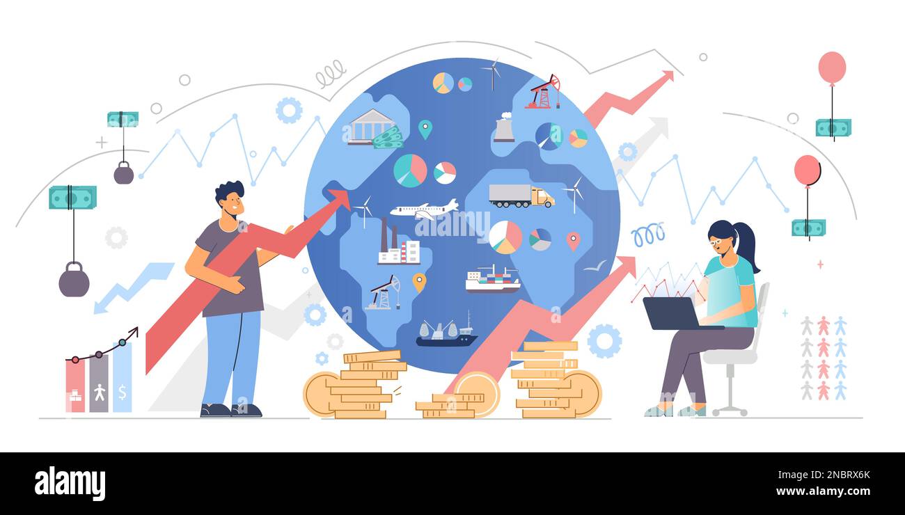 Macroeconomics flat vector illustration with globe image in centre and ...