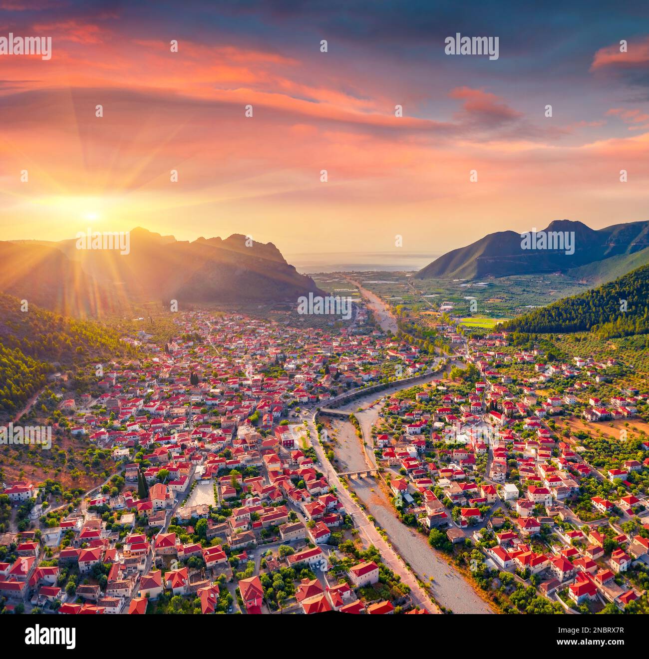 Fabulous summer view from flying drone of Leonidio town. Photography of ...