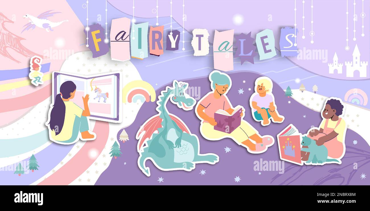 Fairy tales reading flat collage consisting of cartoon family members ...