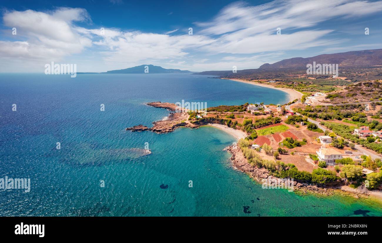 Aerial view of Pyla beach, Demonia village location. Majestic morning ...