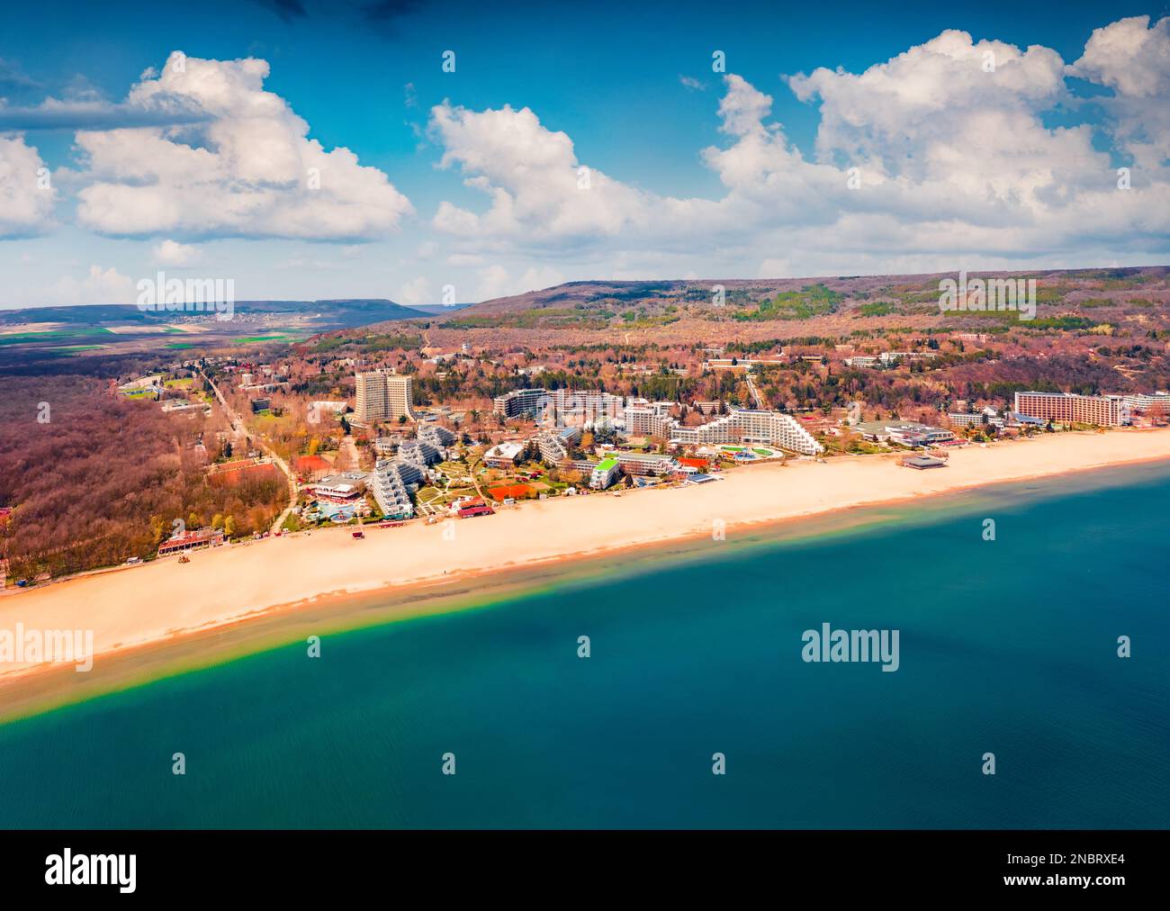 Stunning spring view from flying drone of Albena Beach. Sunny seascape ...
