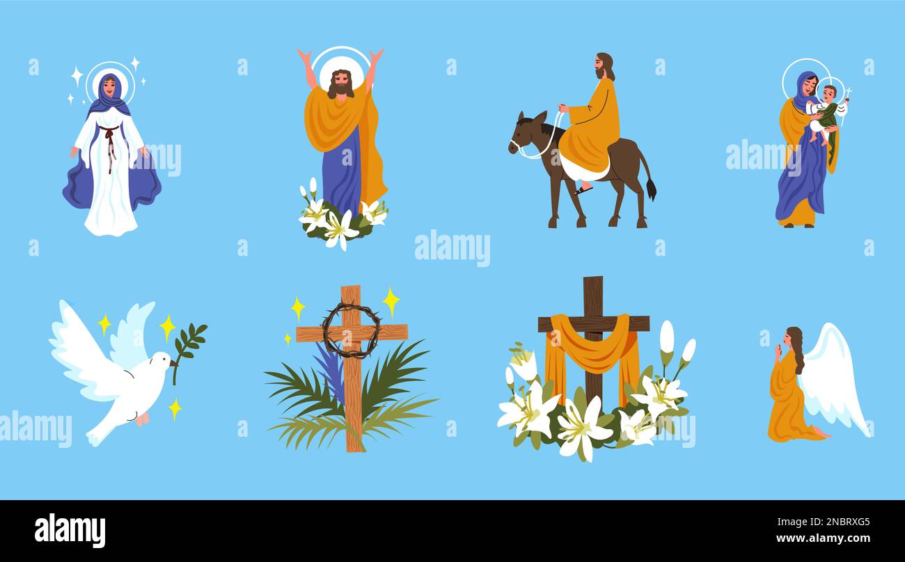Holy week and easter theme flat compositions set of christ on donkey ...