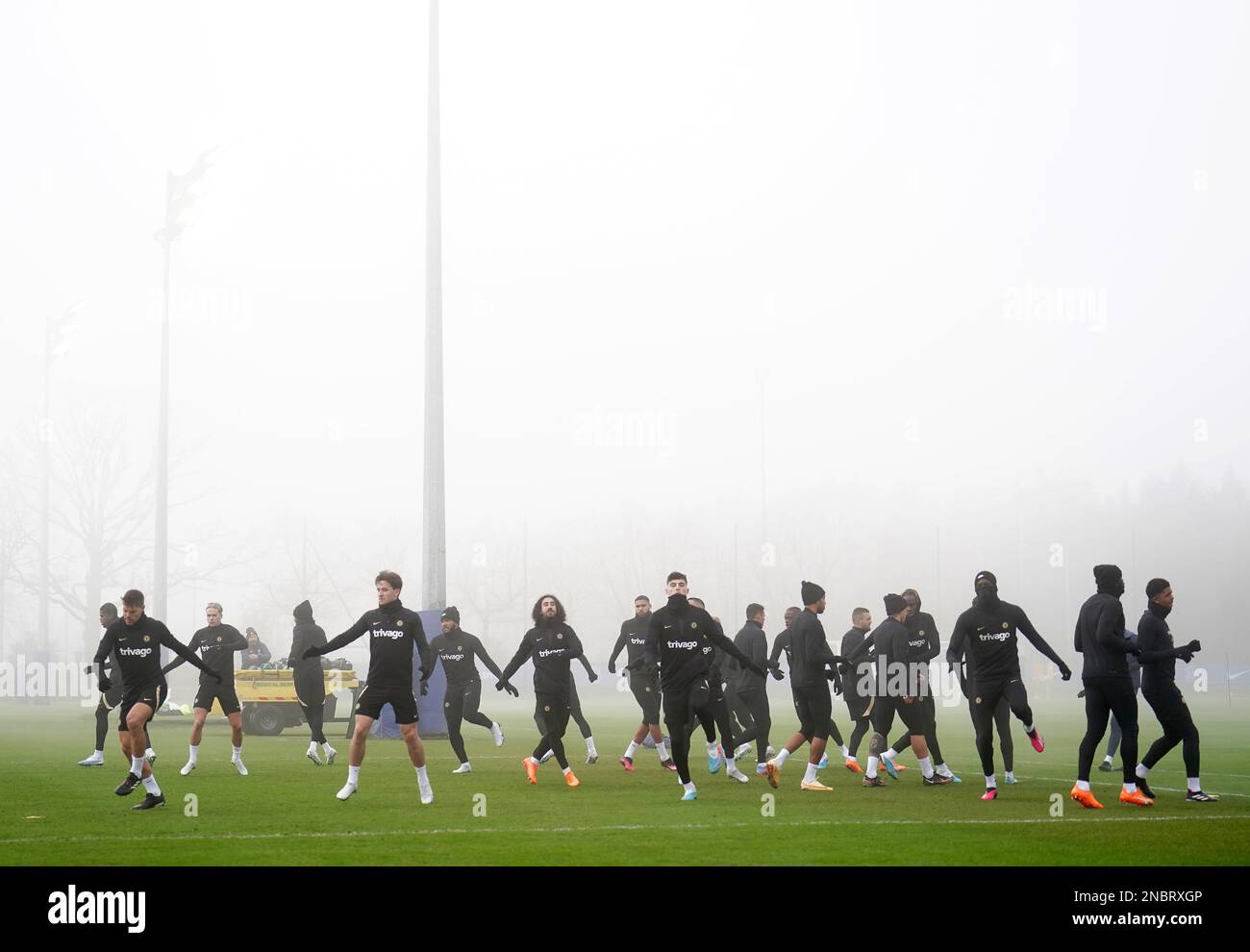 Chelsea players train in the heavy fog at Cobham Training Centre ...