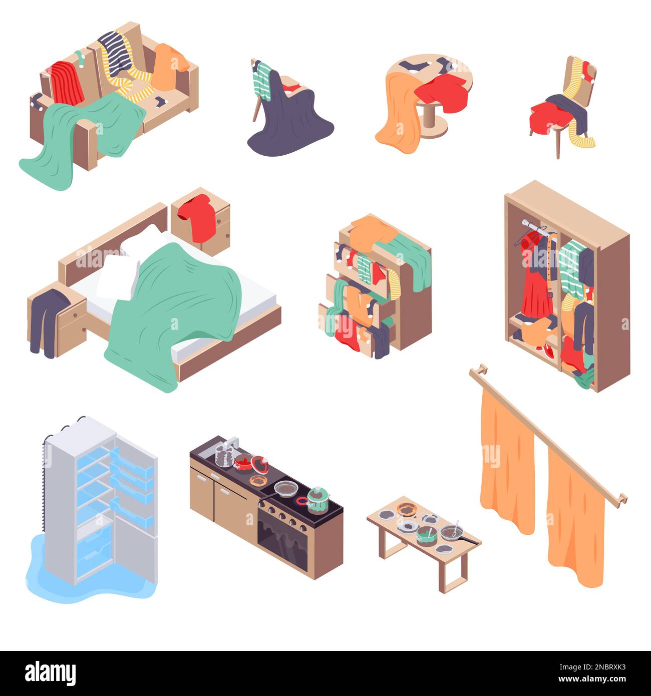 Messy room isometric set with interior and furniture symbols isolated ...