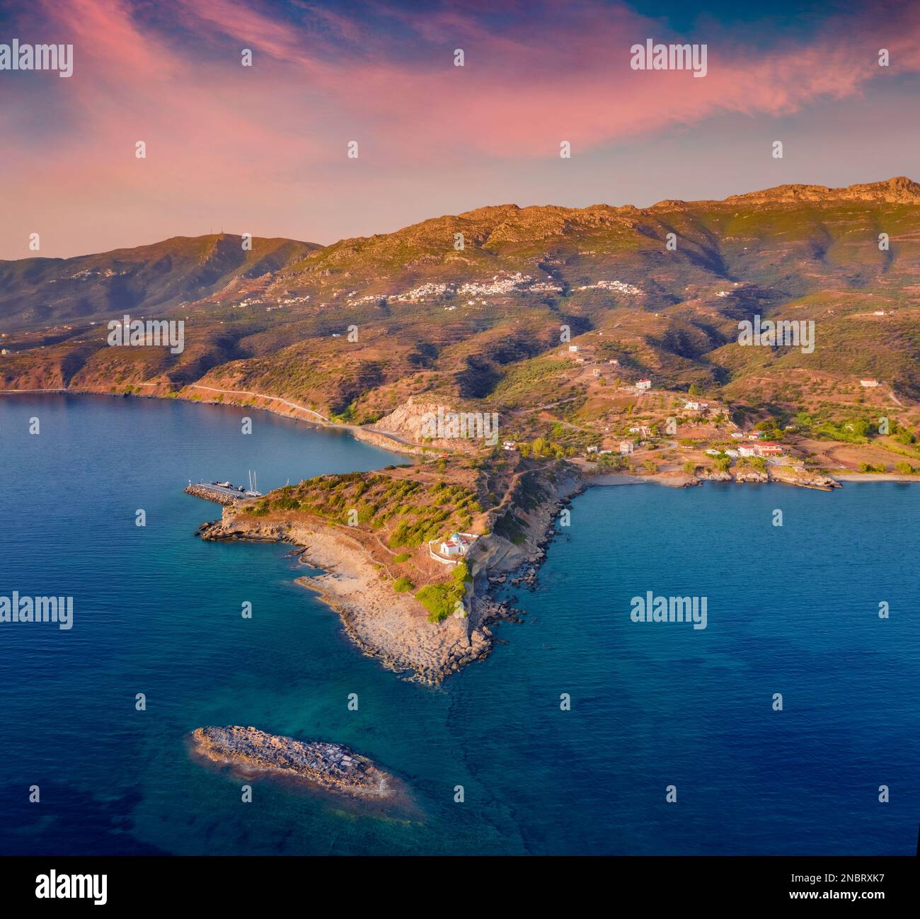 Aerial view of Agia Paraskevi Church. Breathtaking evening scene of ...