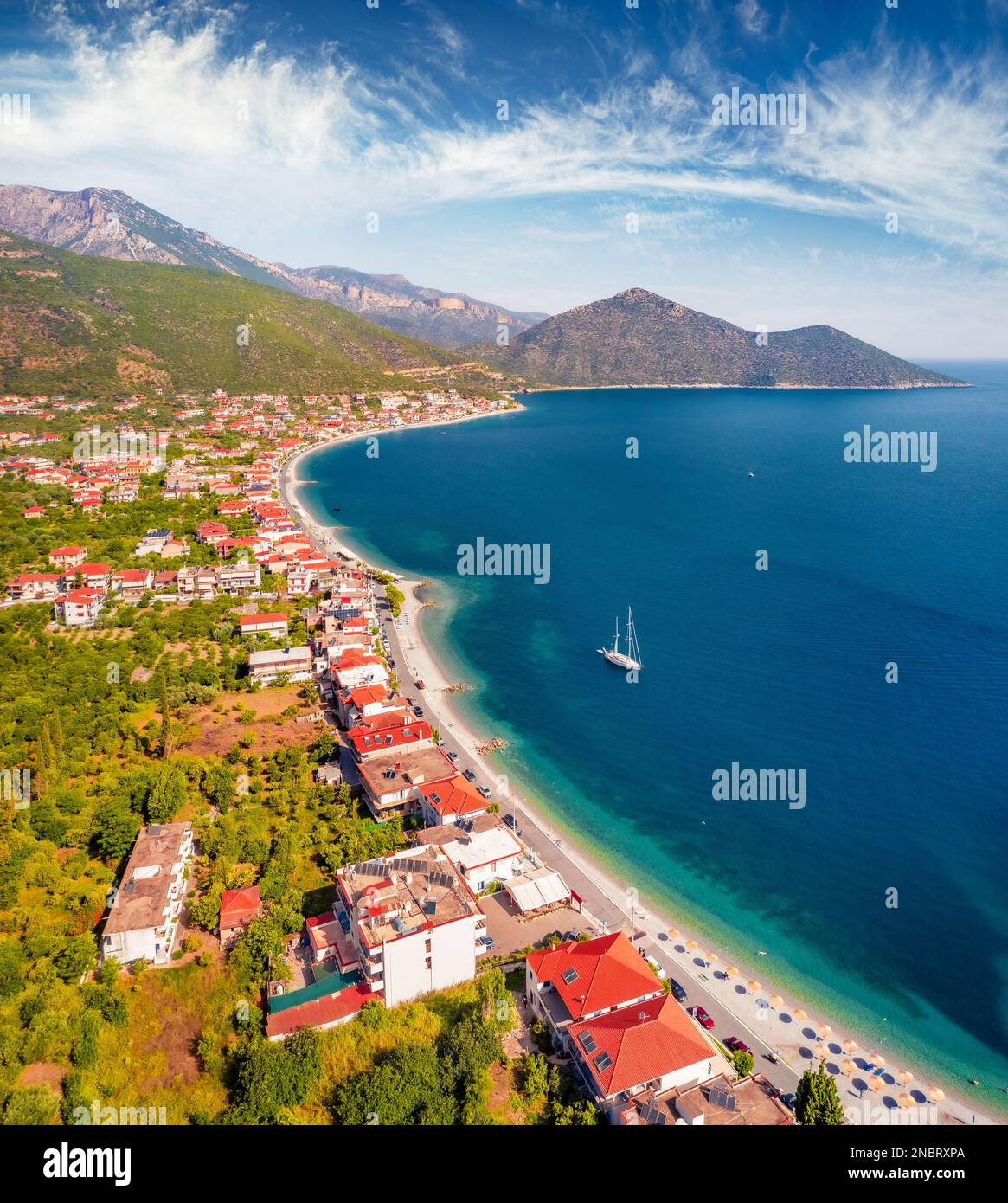 Aerial summer cityscape of Tyros, tourist and old naval town in Arcadia ...