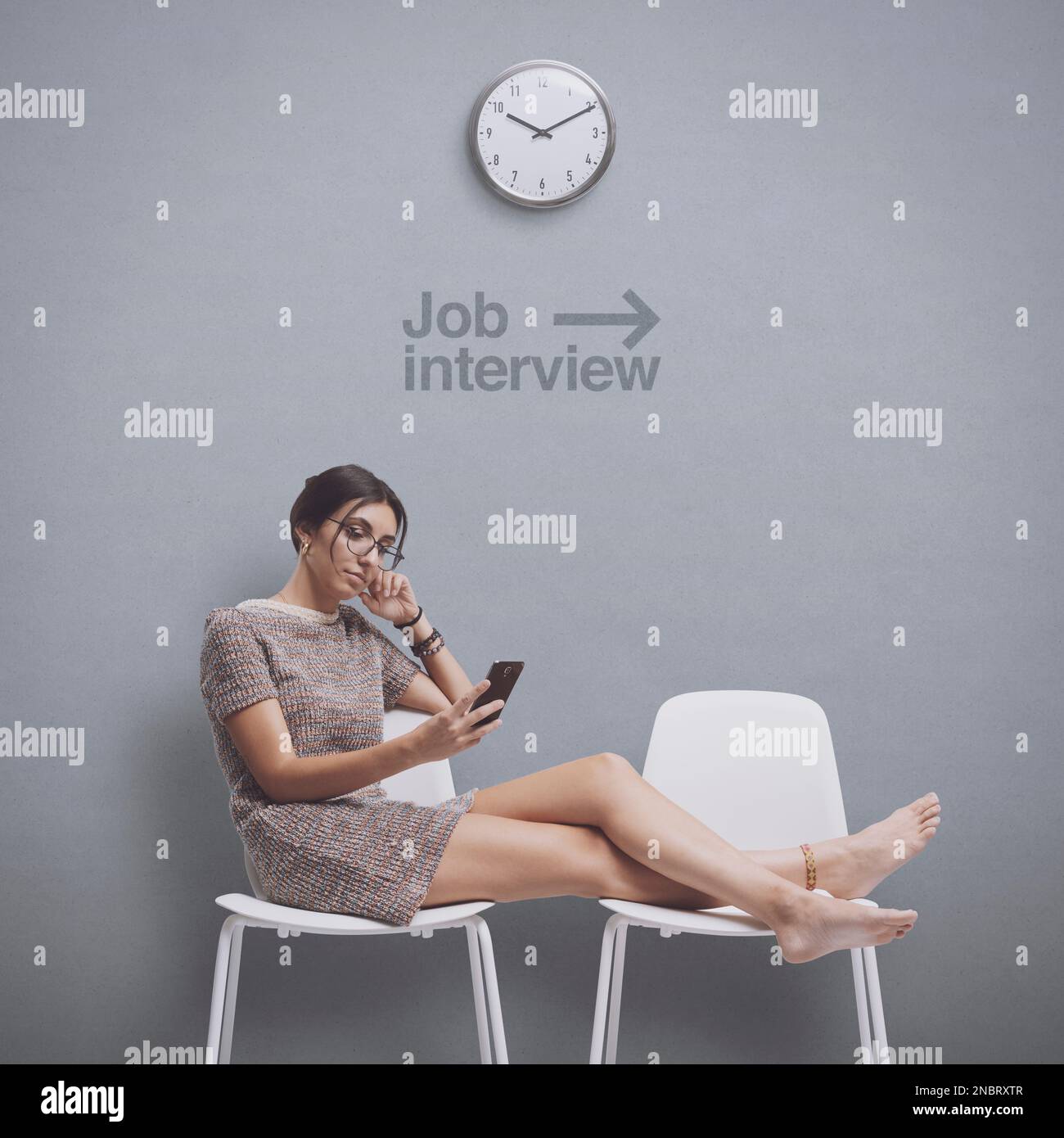 Rude woman resting with feet up in the waiting room and connecting with ...