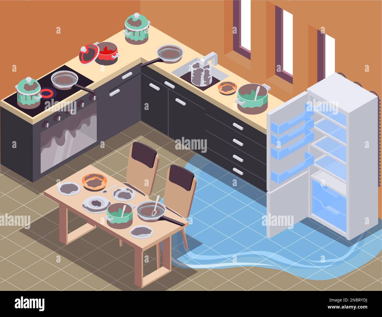 Messy kitchen isometric background with fridge and oven symbols vector ...