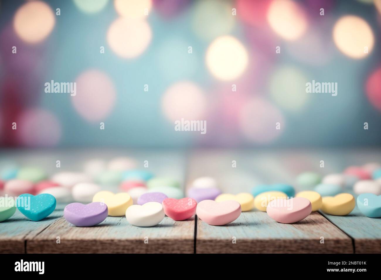 Valentines day themes background with empty pastel color wooden table ...