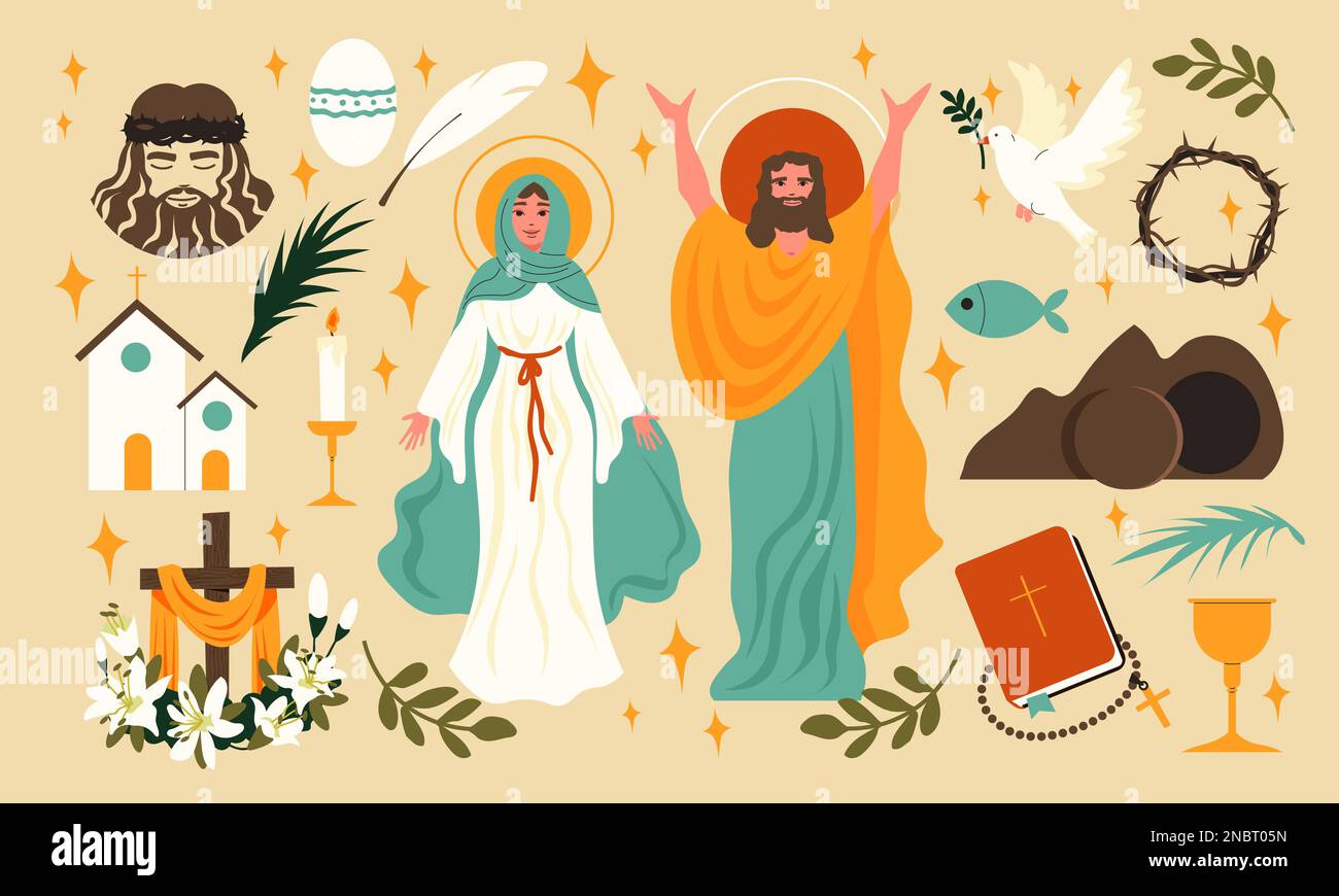 Easter flat icons set with biblical characters and holy symbols ...