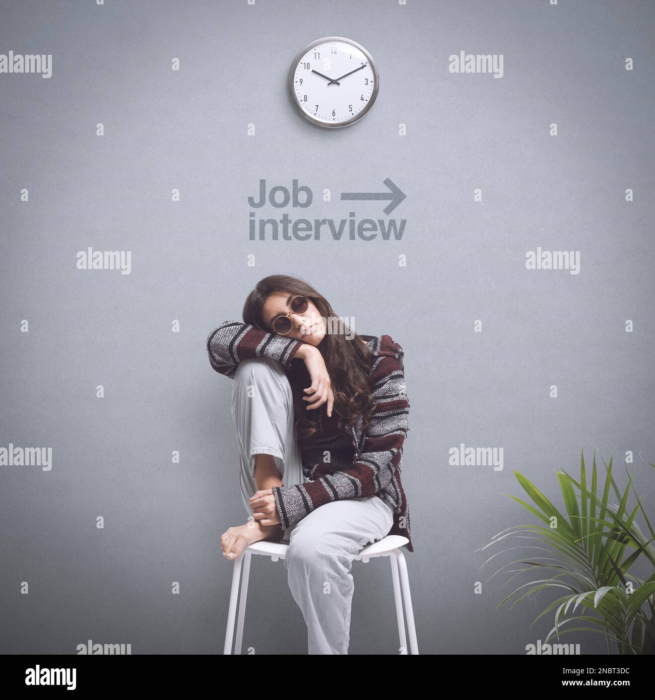 Lazy casual woman waiting for a job interview and sleeping on the chair ...