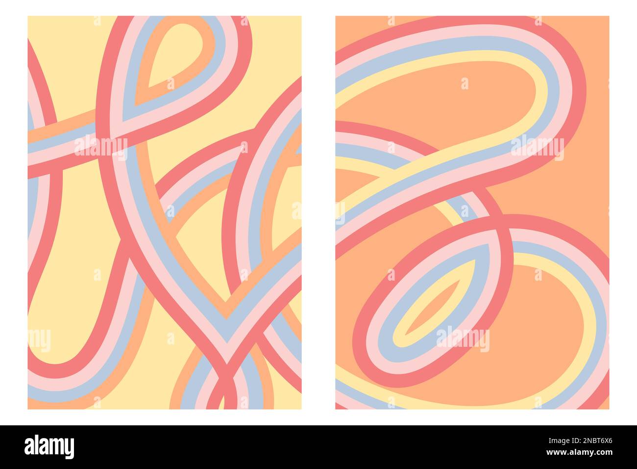 Abstract hippie rainbow posters. Sunny curved wavy lines, irregular scribbles. Vintage boho ...