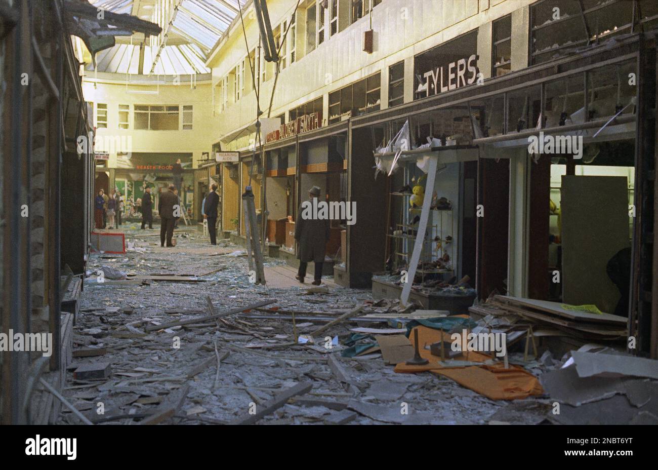 The aftermath of the North Street Arcade in the city center of Belfast ...