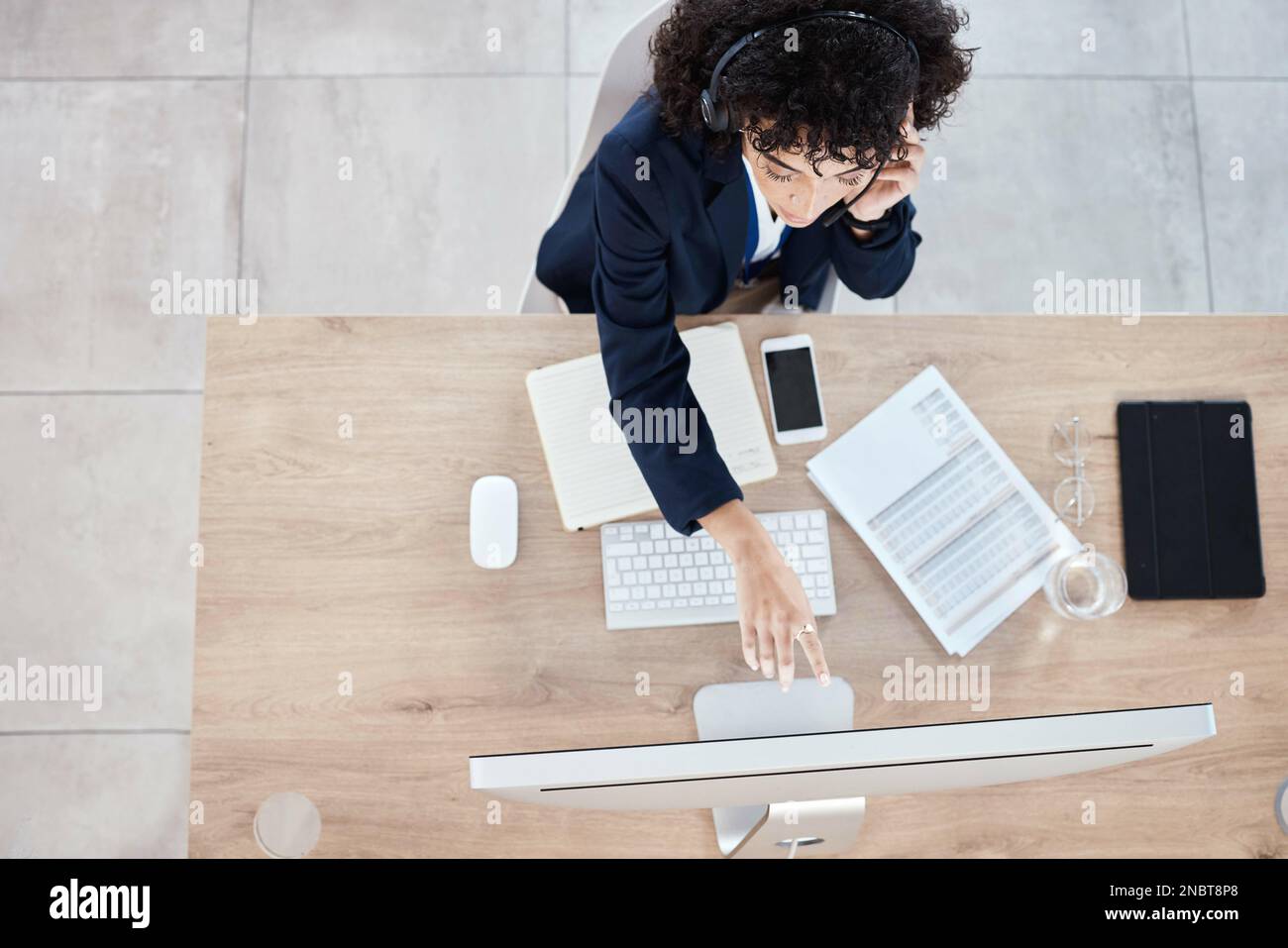 Customer support, computer consulting and pointing woman telemarketing on contact us CRM or ...