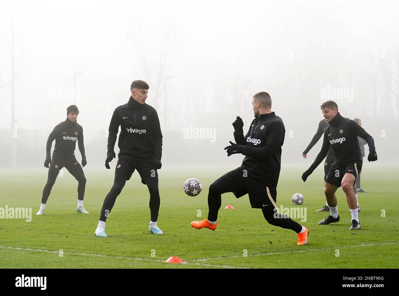 Chelsea's Kai Havertz (second left) during a training session at Cobham ...