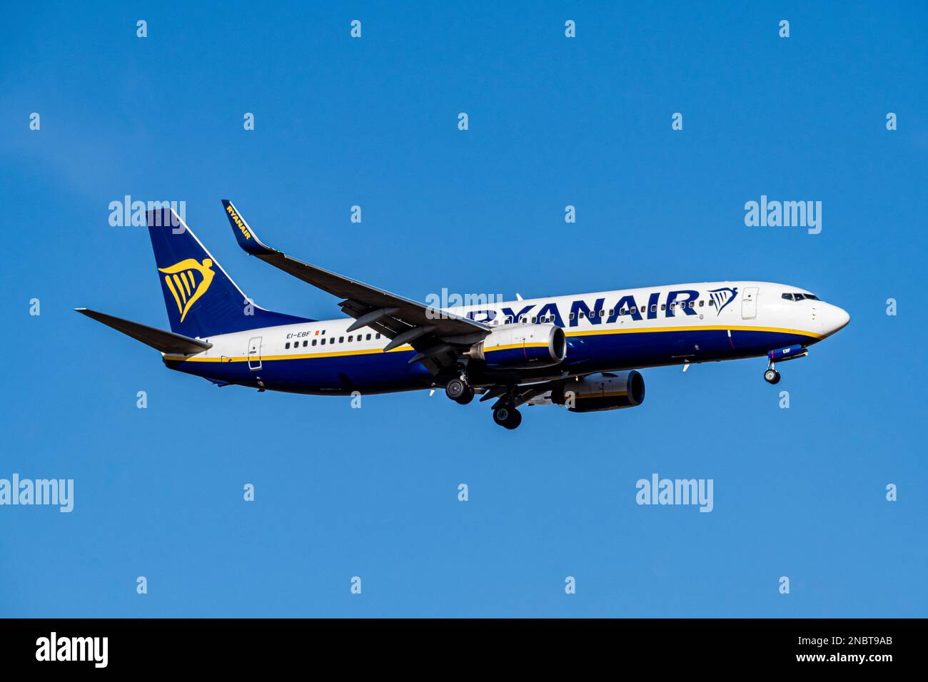 Horizontal image of a white and blue ryanair aircraft in flight with ...