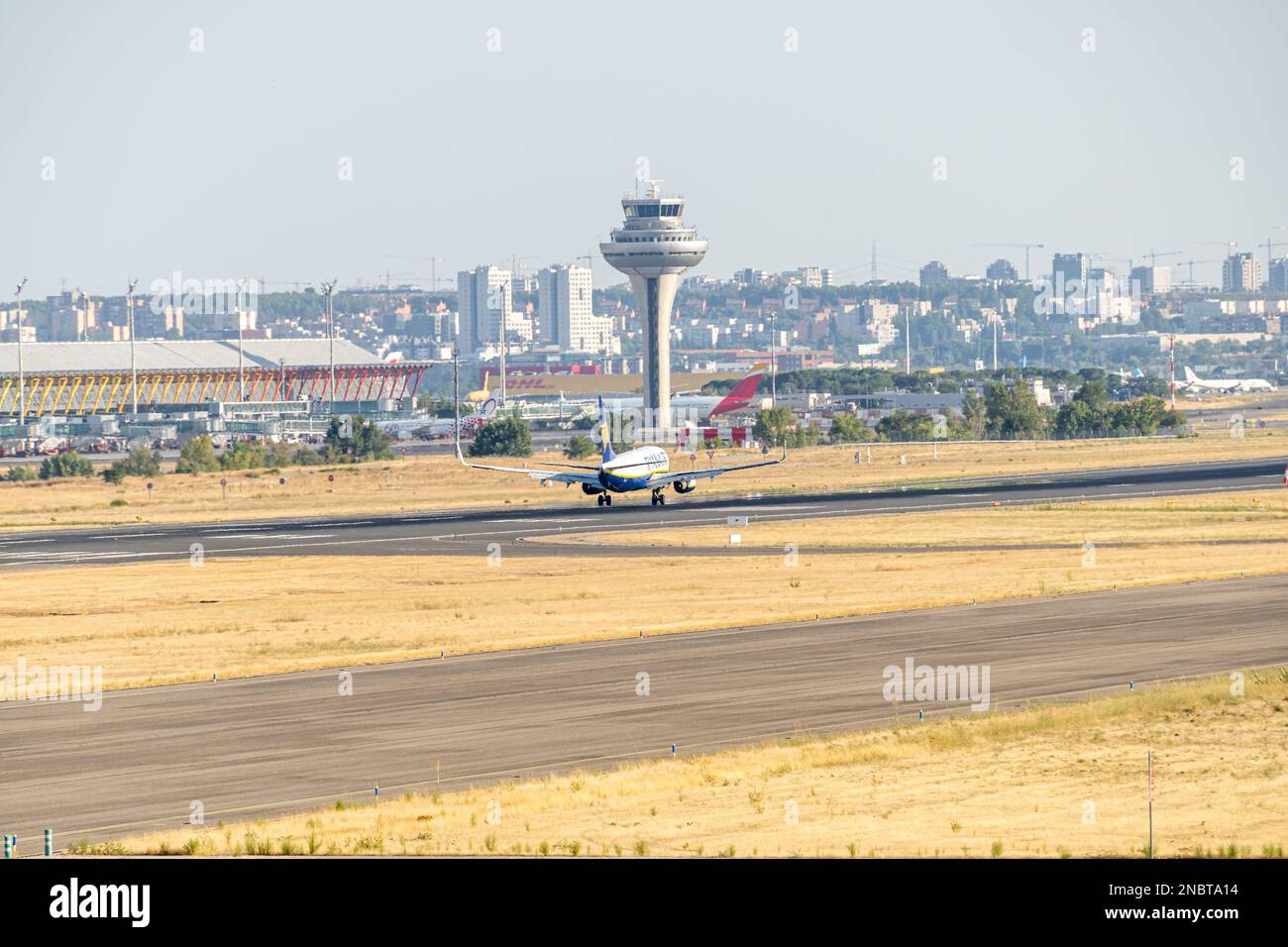 White, blue and yellow Ryanair airline plane with Irish flag and ...
