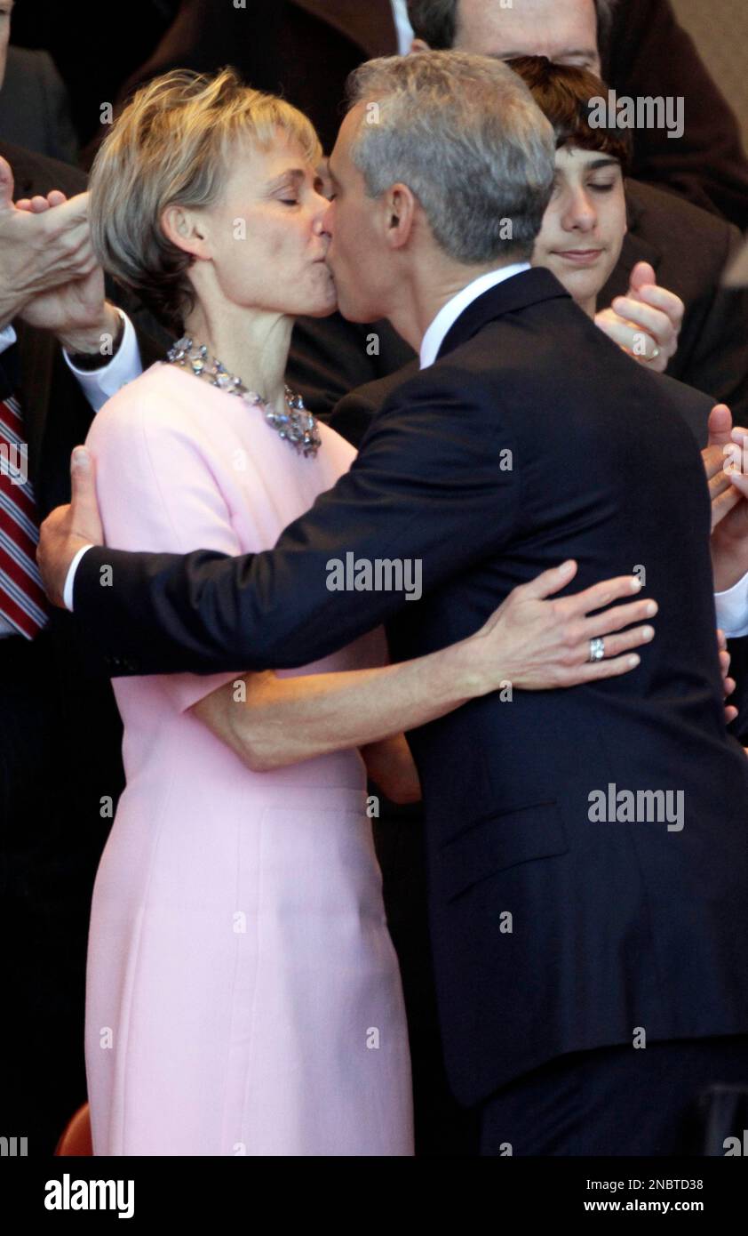 Chicago Mayor Rahm Emanuel, kisses his wife, Amy Rule, after Emanuel ...