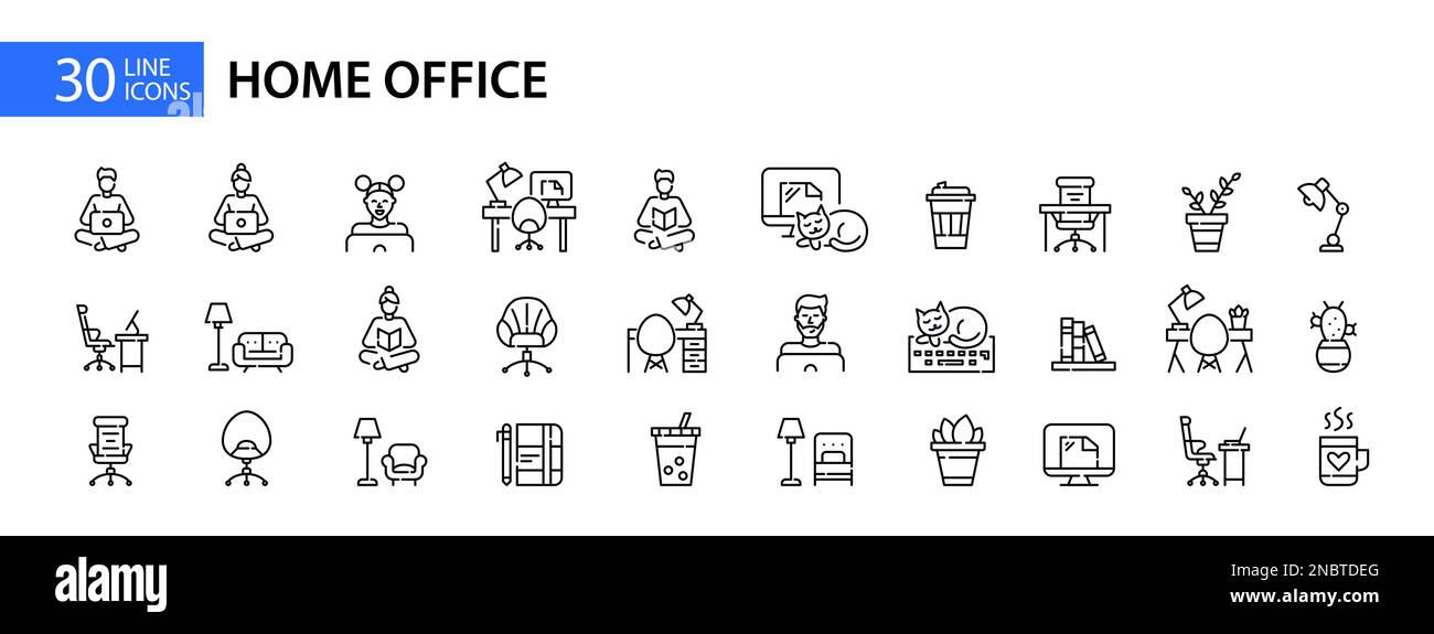 30 working or studying from home pixel perfect line art icons. Home ...