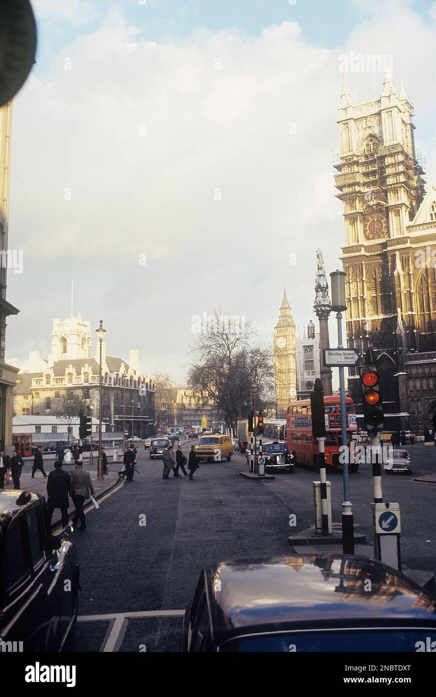London 1972. A view from a bus trafficing a street in the area of ...