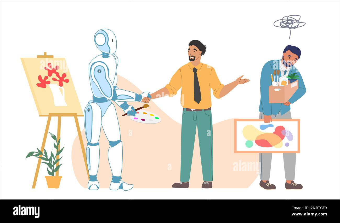 Robot painter drawing picture on canvas with paintings vector ...
