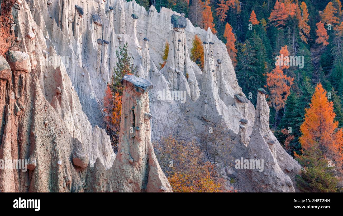 Unusual view of Earth pyramids of Platten - Spiky sand towers formed by ...