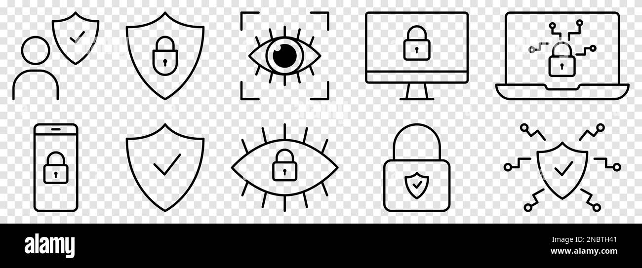 Security line icons. Eye access, internet protection, laptop password and etc. Vector ...