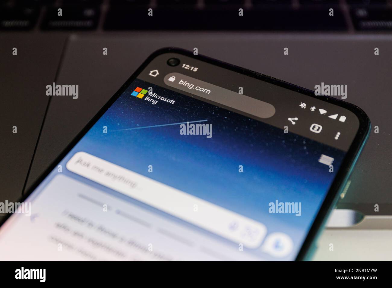 Close up shot of new Bing chatbot on smartphone. Microsoft Bing is new ...