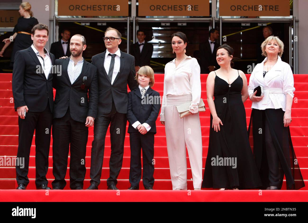 Director Markus Schleinzer, third from left, arrives with actors, from ...